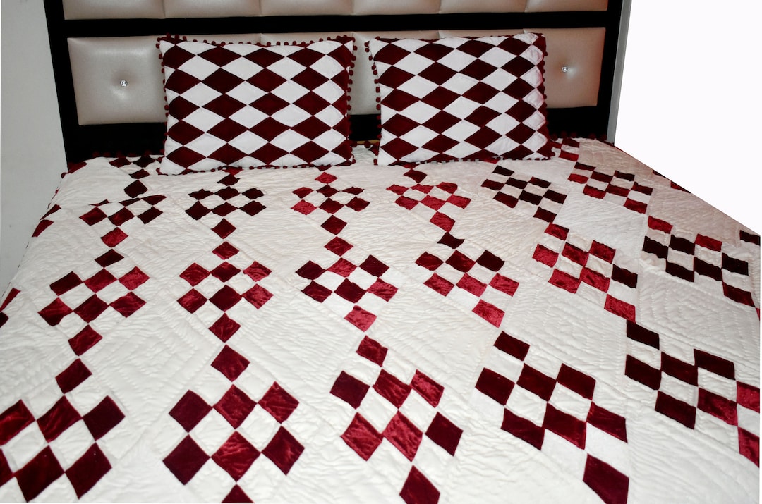 Red Velvet Diamond Quilt: Hand Stitched Cotton Beddinghalloween Gift ...