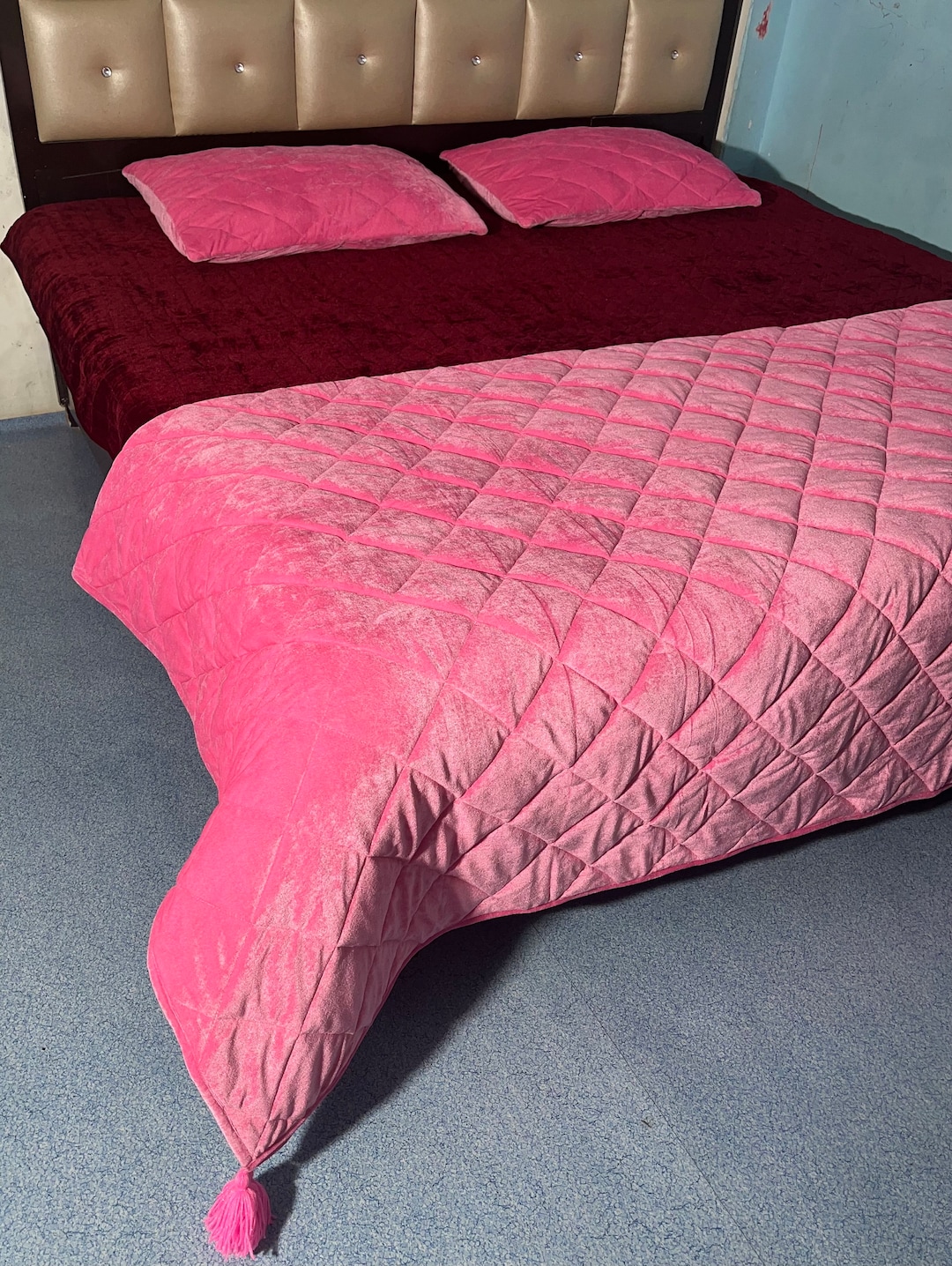 Handmade Baby Pink Velvet Quilt: Cozy Bedding With Tassels - Etsy