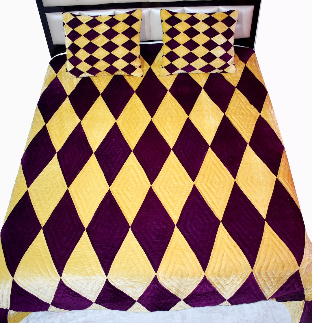 Gold Purple Diamond Velvet Quilt, Diamond Luxury Diamond Queen Gold ...