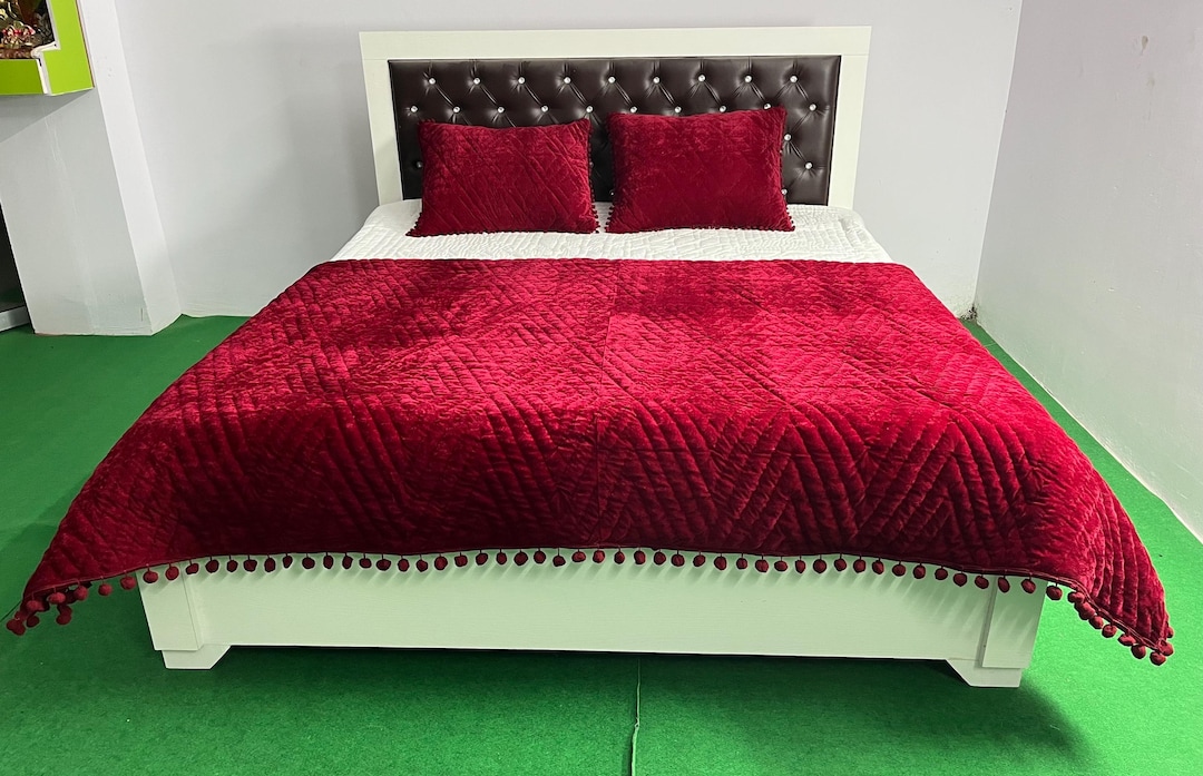 Deep Red Velvet Quilt: Handmade Bedding With Pompomshalloween Gift ...
