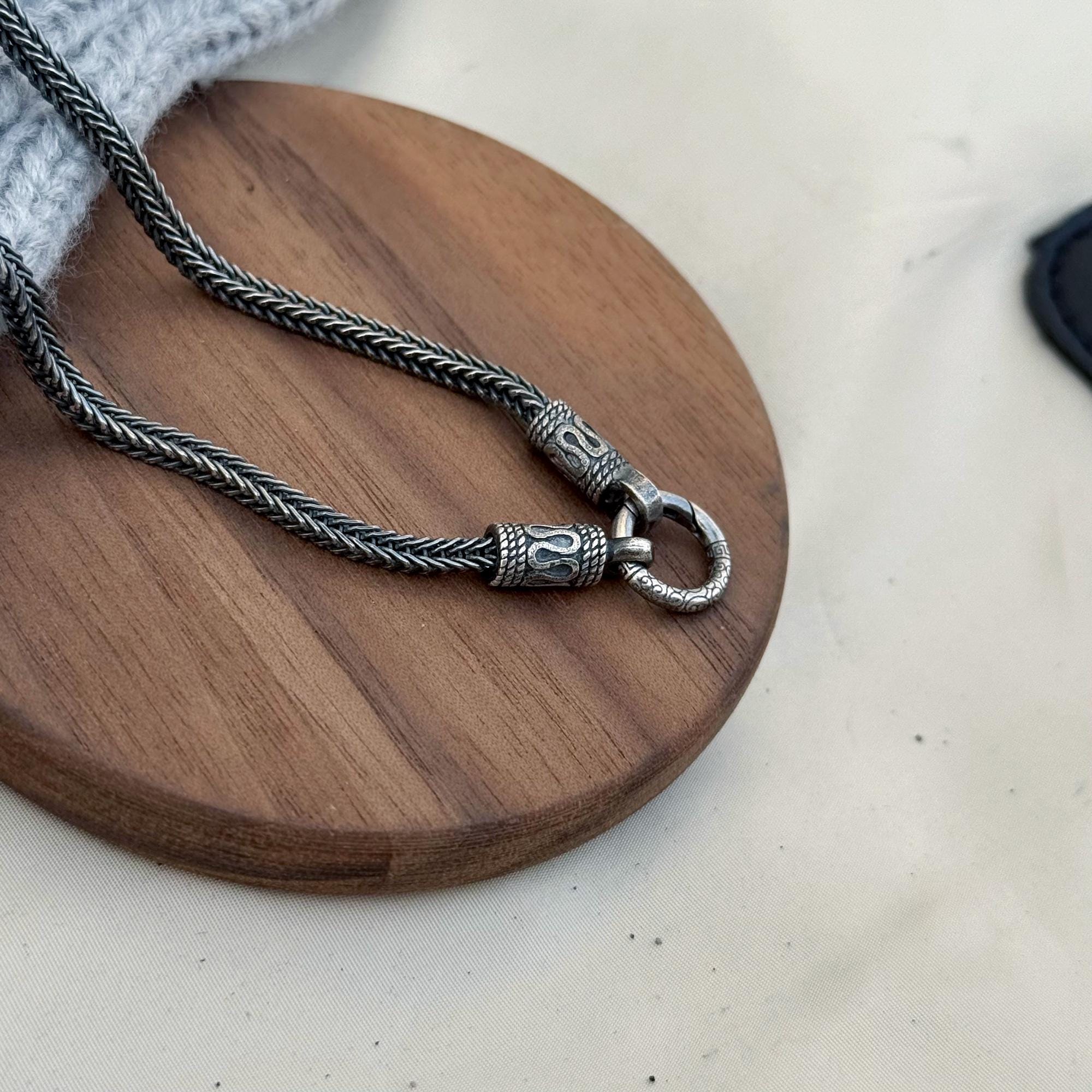 Oxidized Sterling Silver Foxtail Chain Necklace Solid Heavy Braid Link ...