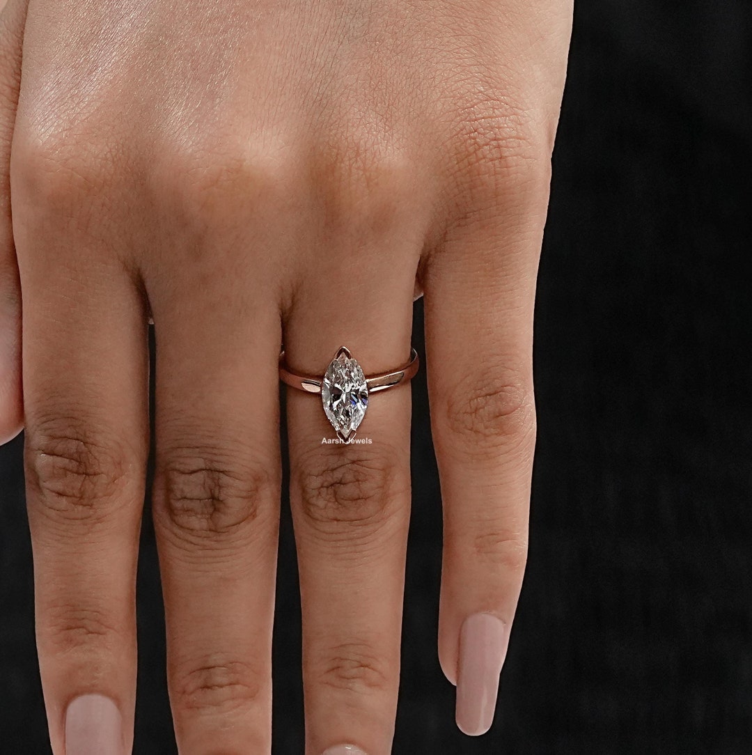 V Shaped Prongs Marquise Cut Lab Grown Diamond Engagement Ring / 10K ...