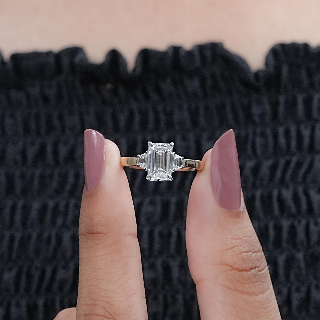 1.50 CT Emerald Cut Lab Grown Diamond Three Stone Ring / Step Cut ...