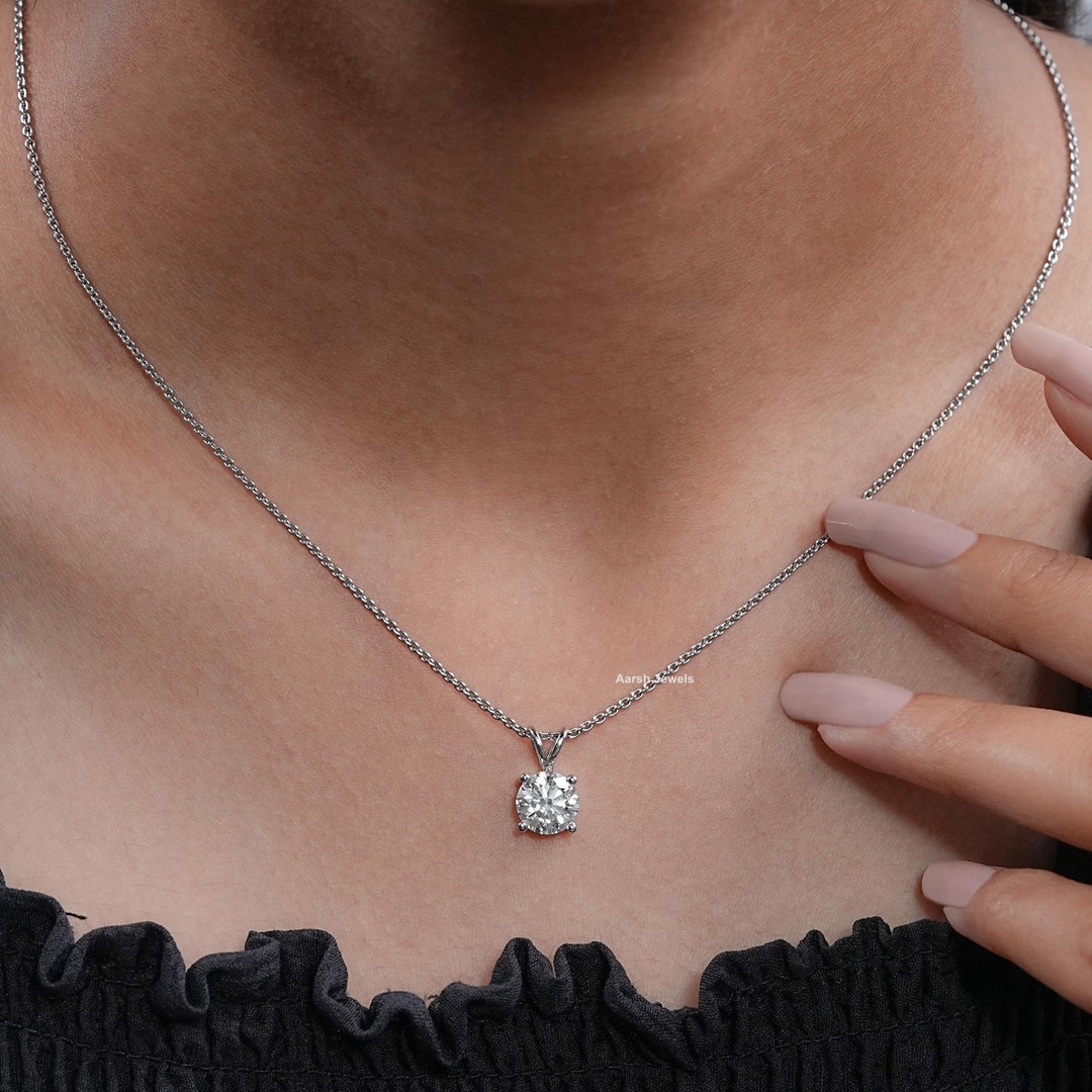 Round Cut Lab Grown Diamond Solitaire Pendant / 14K Solid Gold CVD ...