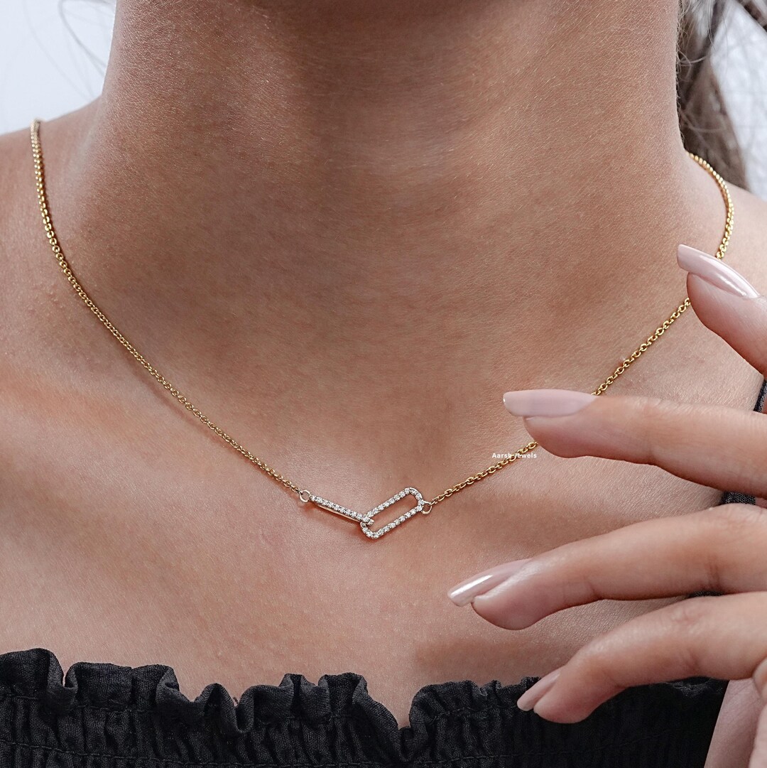 Round Cut Lab Diamond Paperclip Linked Pave Set Necklace / Interlocking ...