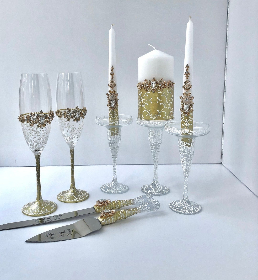 Gold Wedding Set of 10: Gold Unity Candle Set White Unity Candle ...