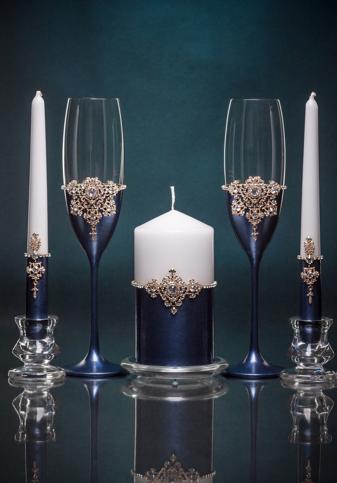 Personalized Wedding Flutes Blue Gold Unity Candle Set Candle Holders ...