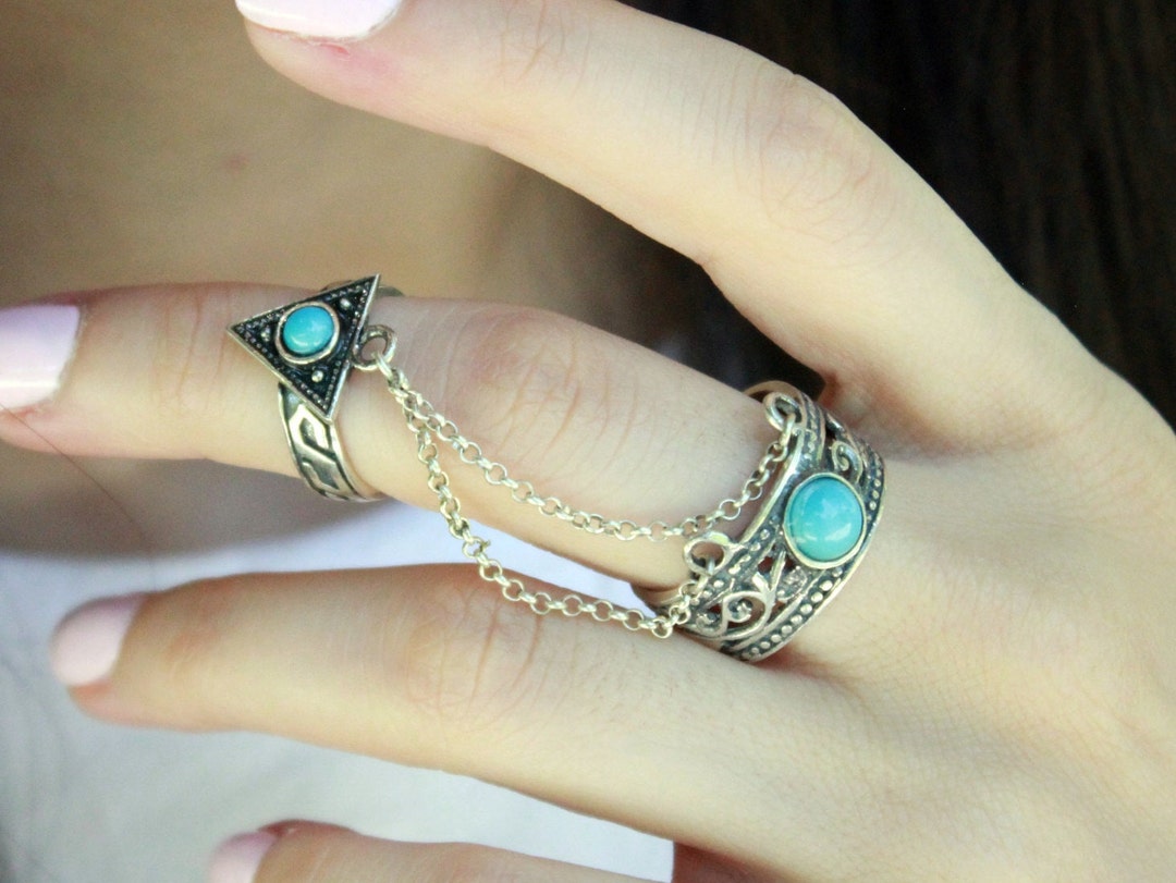 Double Ring With Chains Made of Silver ethno With - Etsy