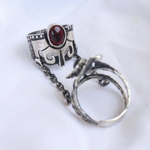 Full Finger Chain Ring Boho Grunge Avant Garde Sterling Silver, Double ...