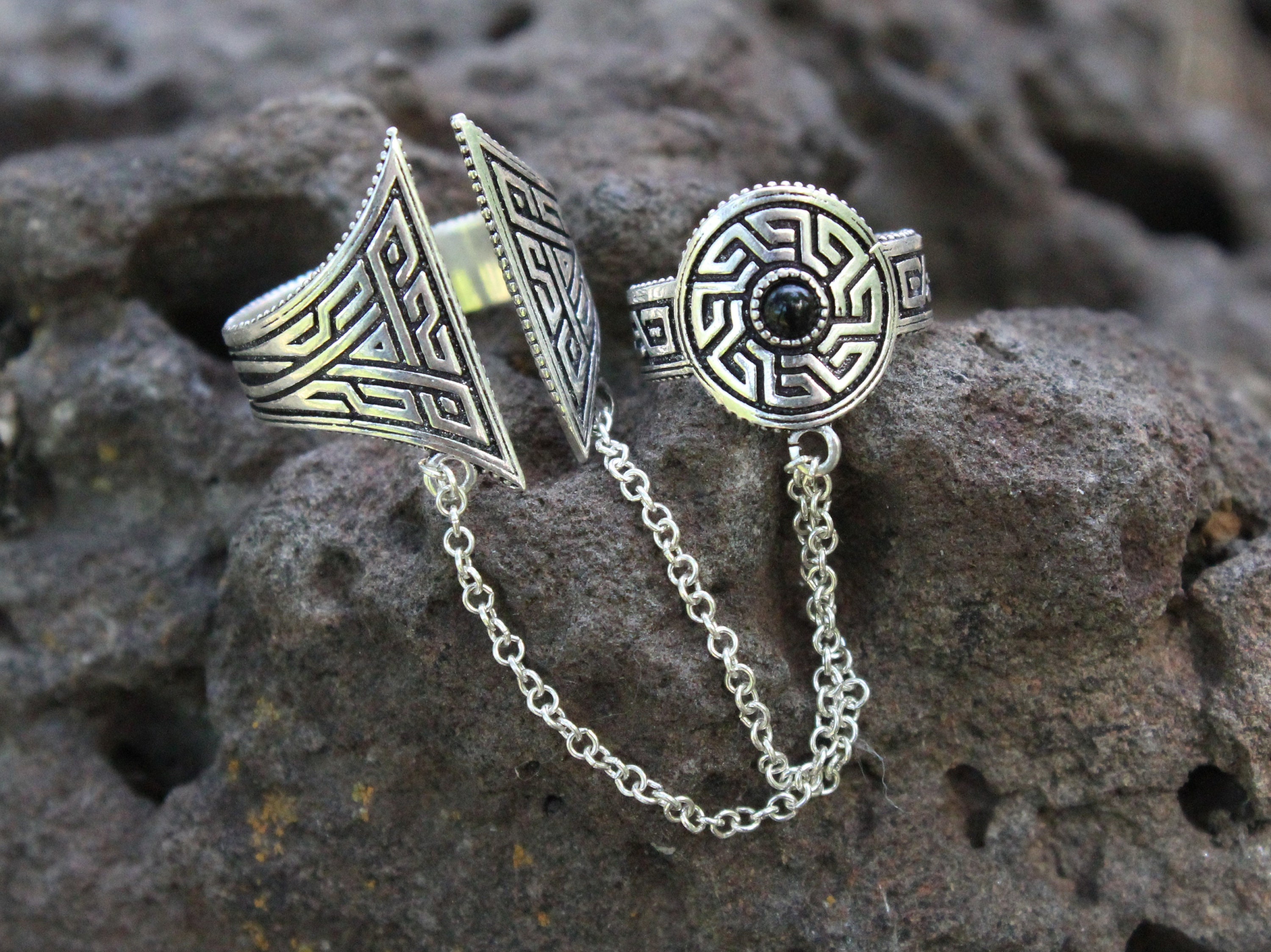 Sterling Silver Chain Double Ring Black Stone Silver Full - Etsy