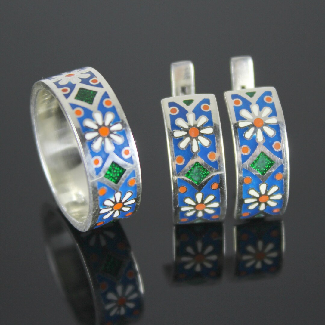 Sterling Silver Enamel Chamomile Earrings and Ring Silver Statement ...