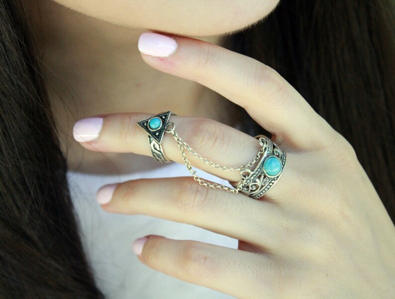 Double ring with chains made of silver Ethno with | Etsy