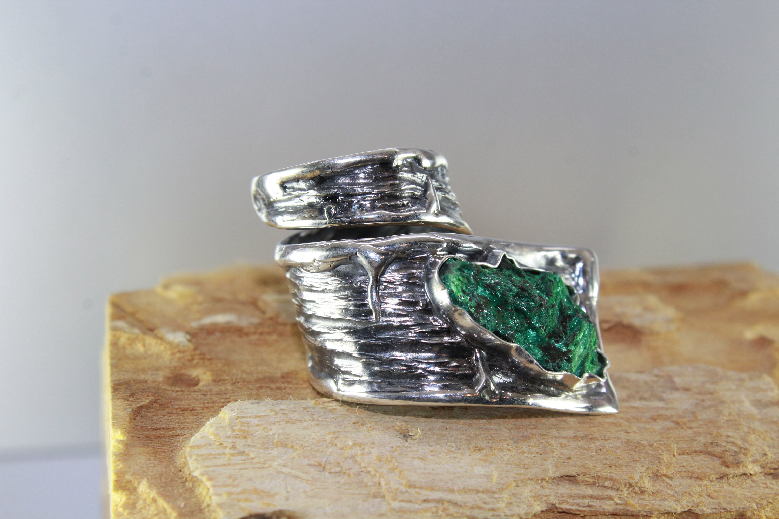 Raw Gemstone Fibrous Malachite Ring Druzy Vintage Style 925 | Etsy