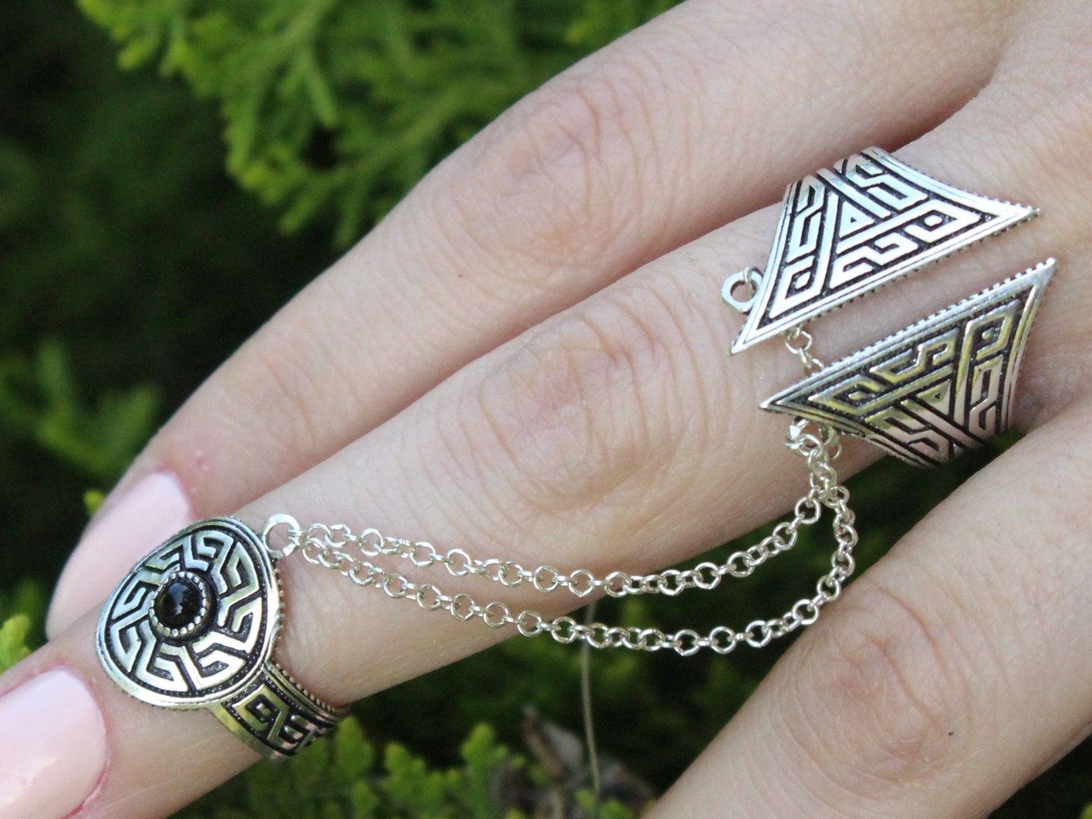 Sterling Silver Chain Double Ring Black Stone Silver Full - Etsy