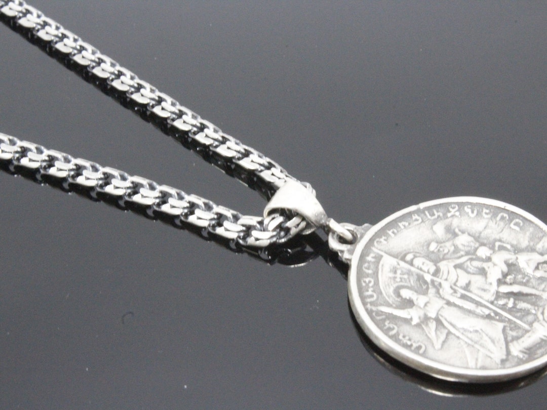 Silver Mens Double Sided Armenian Coin Pendant Chain Necklace Him Gift ...