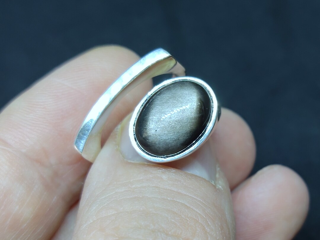 Obsidian Gemstone Minimalist Sterling Silver Double Ring, Black Dainty ...