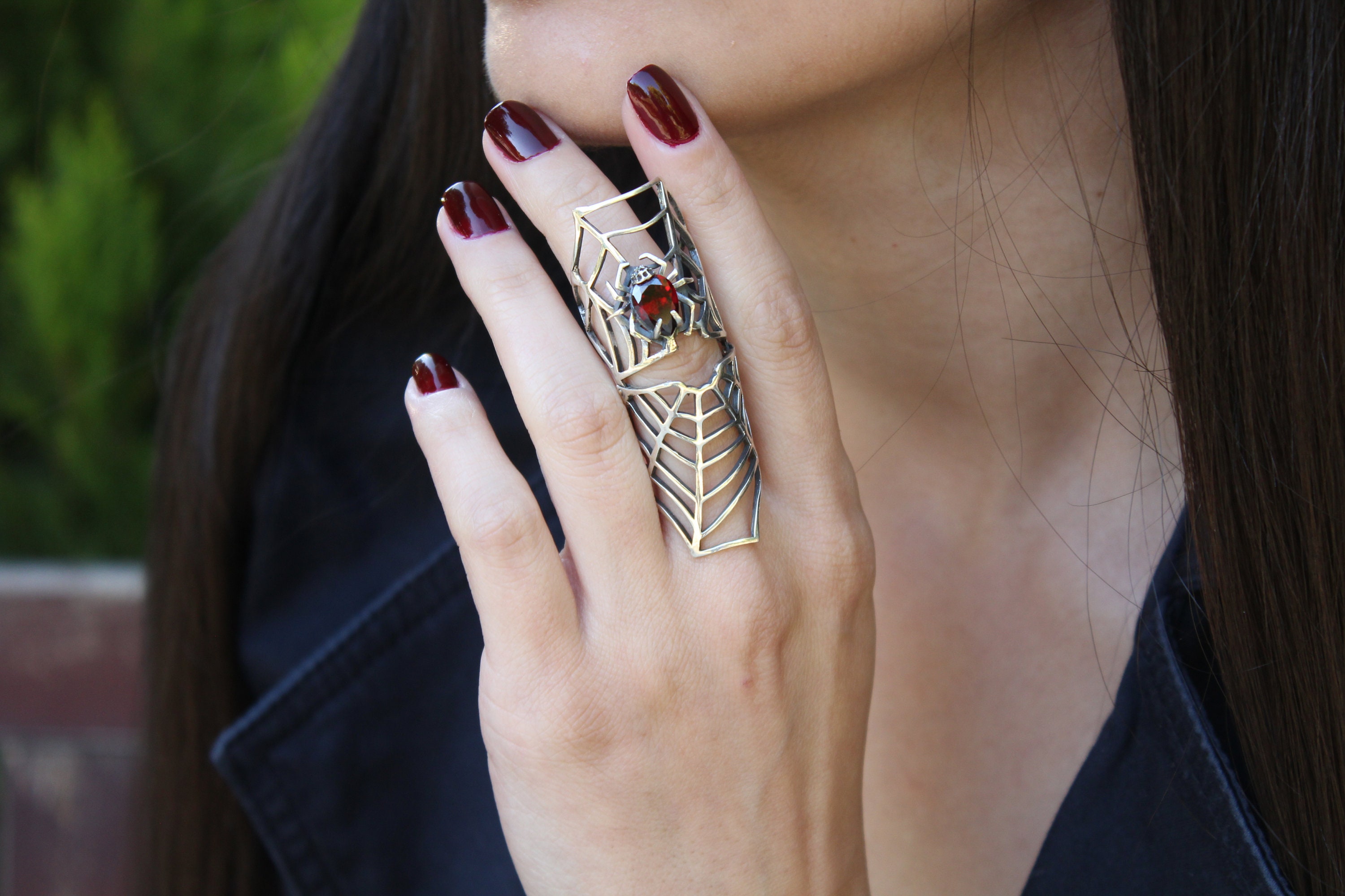 Sterling Silver Full Finger Red Stone Spider Double Armor - Etsy