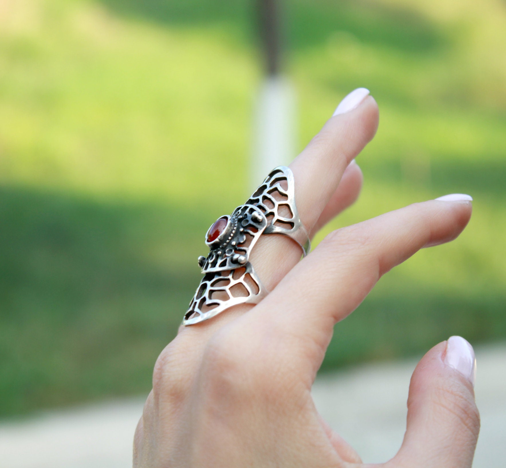 Sterling Silver Garnet Full Finger Double Armor Knuckles Ring | Etsy