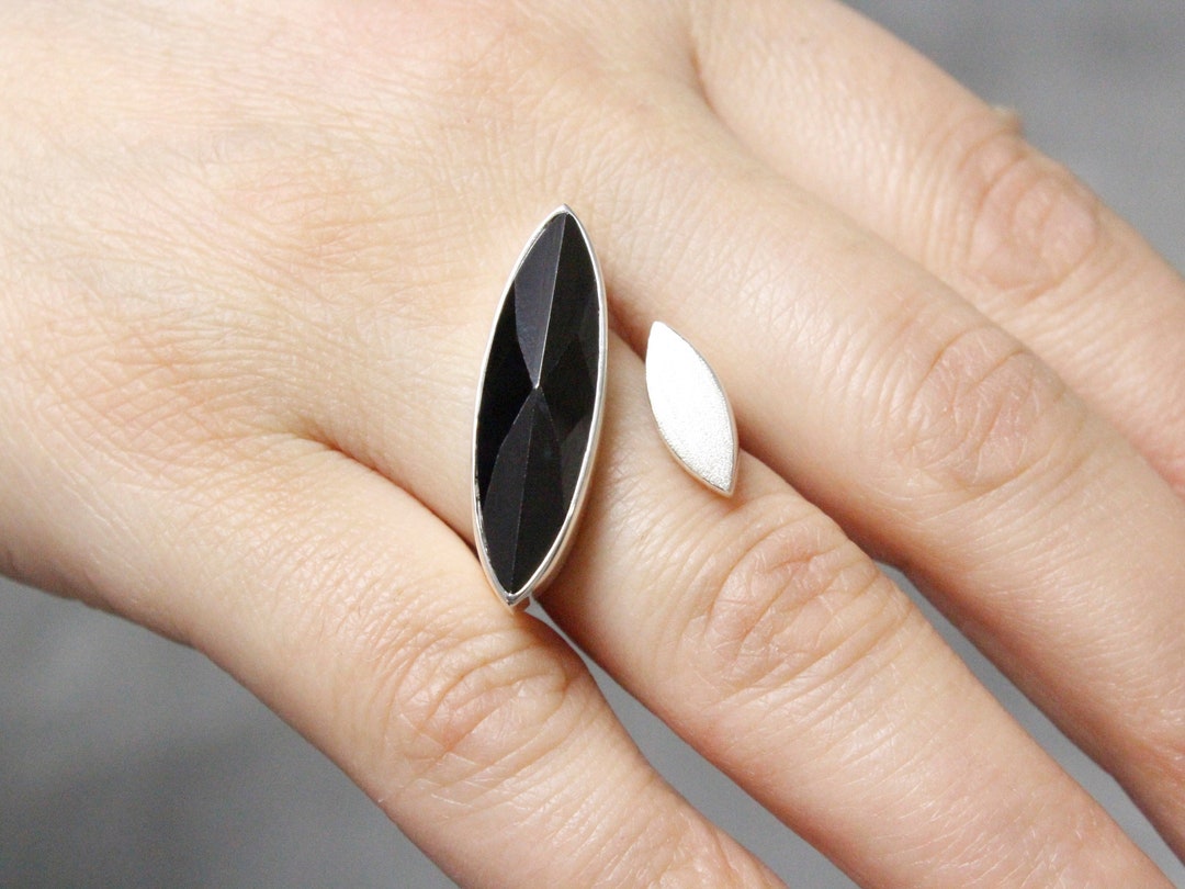 Long Oval Black Stone Adjustable Art Deco Sterling Silver Ring ...