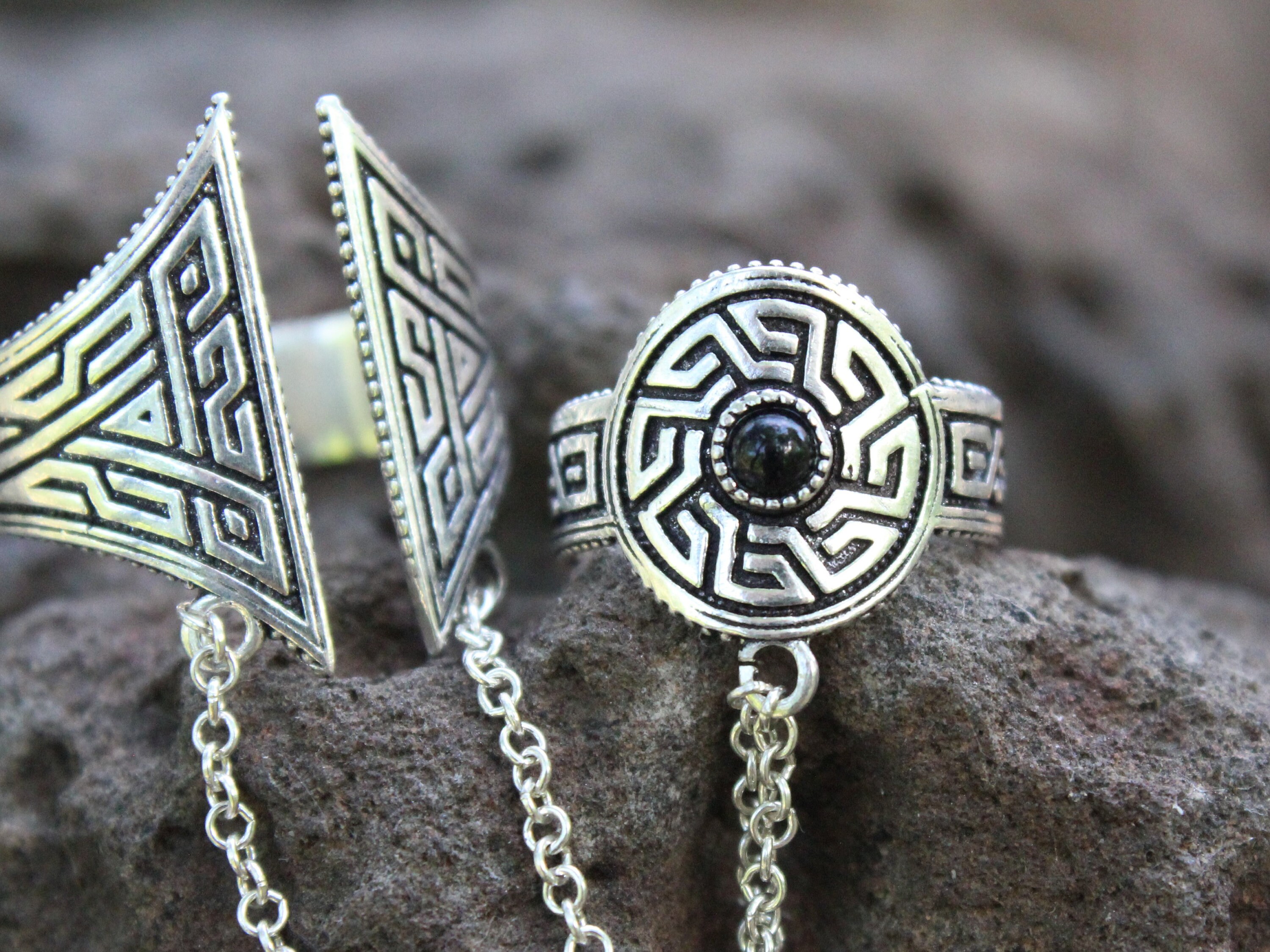 Sterling Silver Chain Double Ring Black Stone Silver Full - Etsy