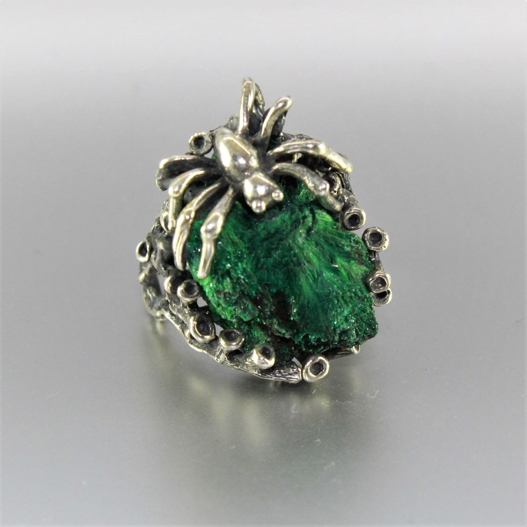 RAW Green Malachite Spider Sterling Silver Statement Ring Boho, Mineral ...