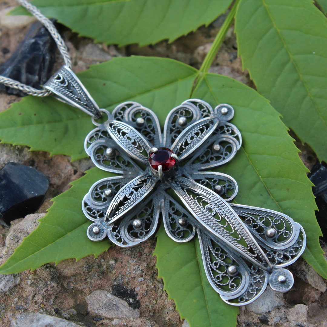 Sterling Silver Garnet Antiqued Filigree Cross Pendant - Silver Cross ...