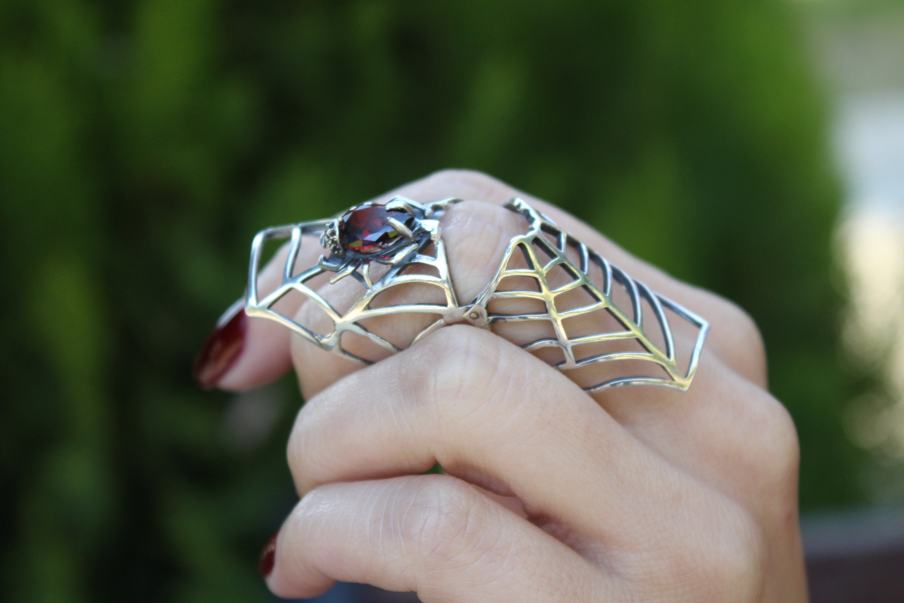 Sterling Silver Full Finger Red Stone Spider Double Armor - Etsy