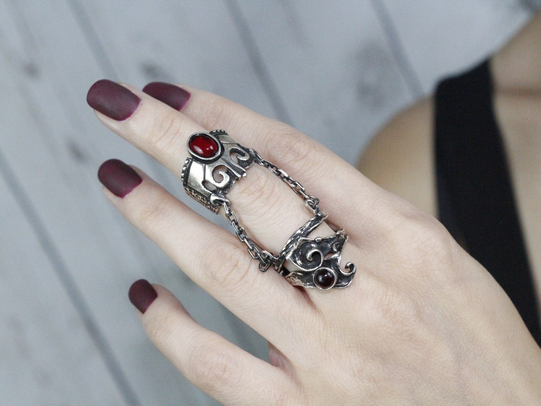 Full Finger Chain Ring Boho Grunge Avant Garde Sterling Silver, Double ...