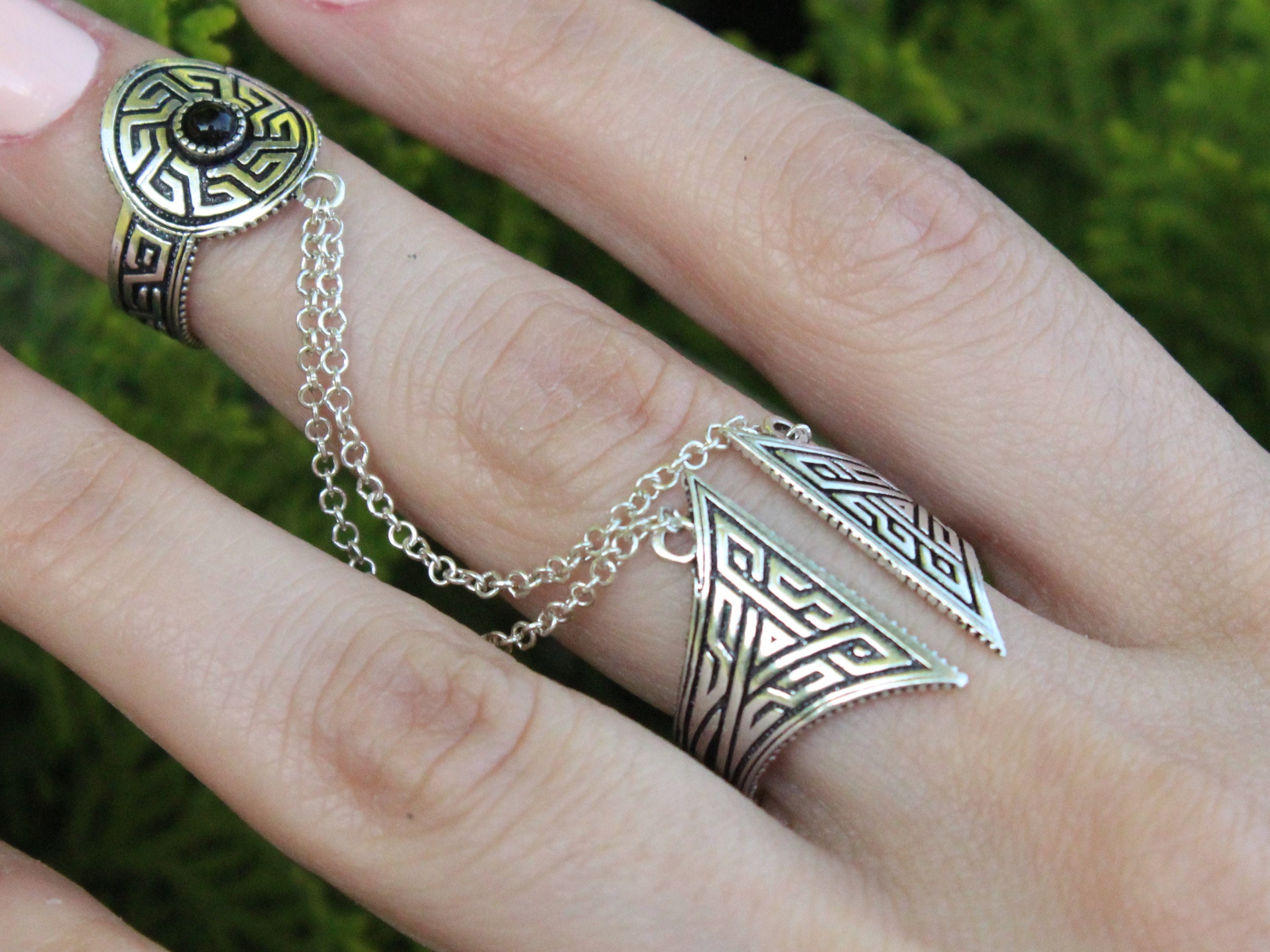 Sterling Silver Chain Double Ring Black Stone Silver Full - Etsy