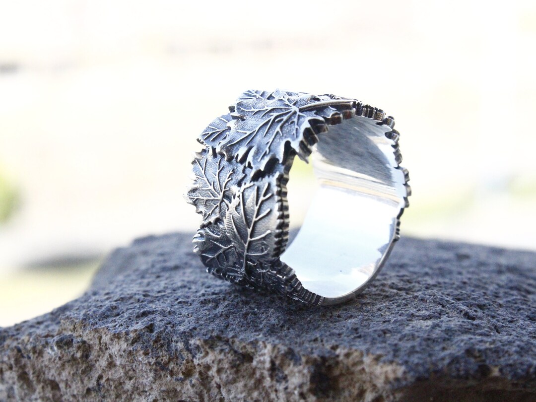 Wide Ring Autumn Leaves Fall Handmade Sterling Silver 925 Middle Finger ...