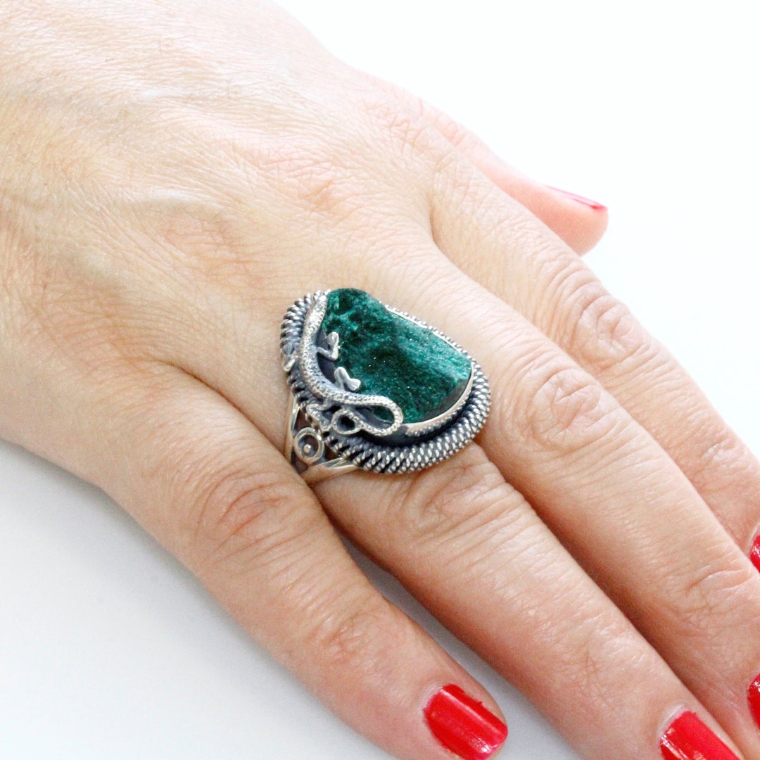 Green Raw Malachite Lizard Ring Sterling Silver. Handmade Natural Malachite Gemstone Ring ...