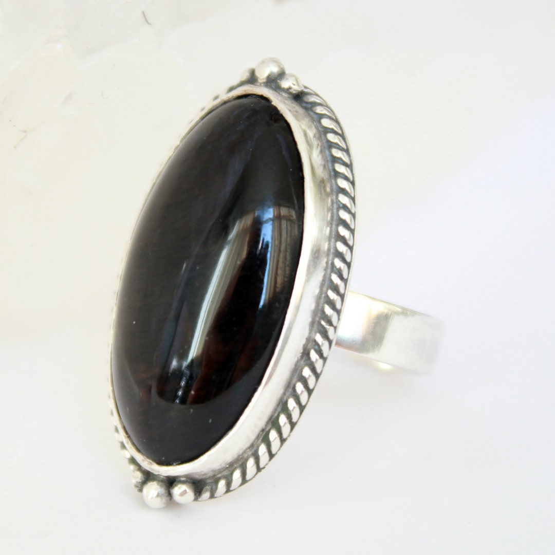 Black Obsidian Gemstone 925 Silver Large Ring - Adjustable Obsidian ...
