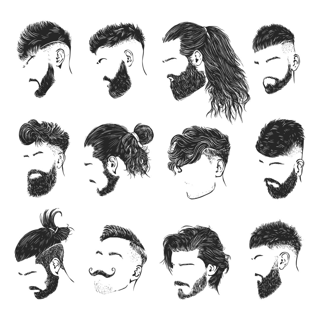 Silhouette Hand Drawn Man Hair Style Collection Hair Cut Clip Art Svg