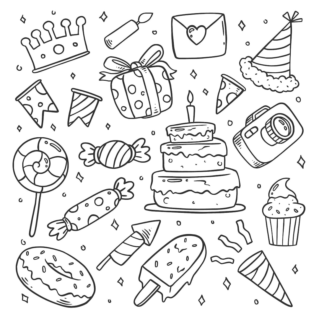 Hand Drawn Birthday Doodles Collection, Commercial Use, Instant ...