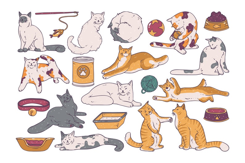 Cute Cats Hand Drawn Illustration Collection Clip Art SVG - Etsy
