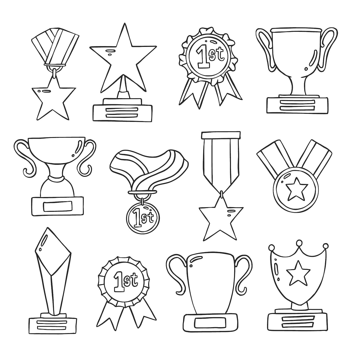 Set of Hand Drawn Medal & Trophy, Commercial Use, Instant Download ...