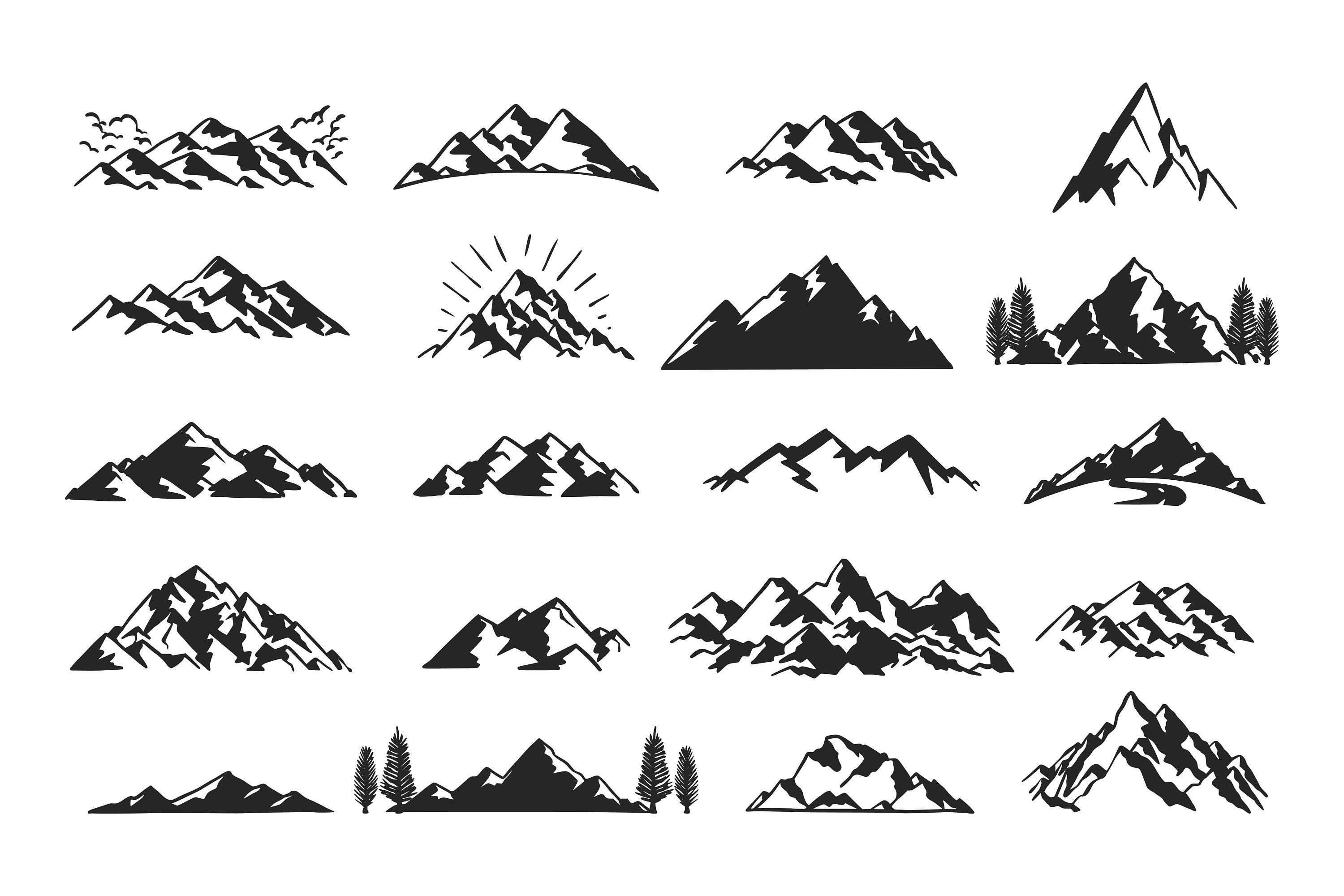 Mountain Silhouette Hand Drawn Collection Clip Art SVG EPS PNG Instant ...