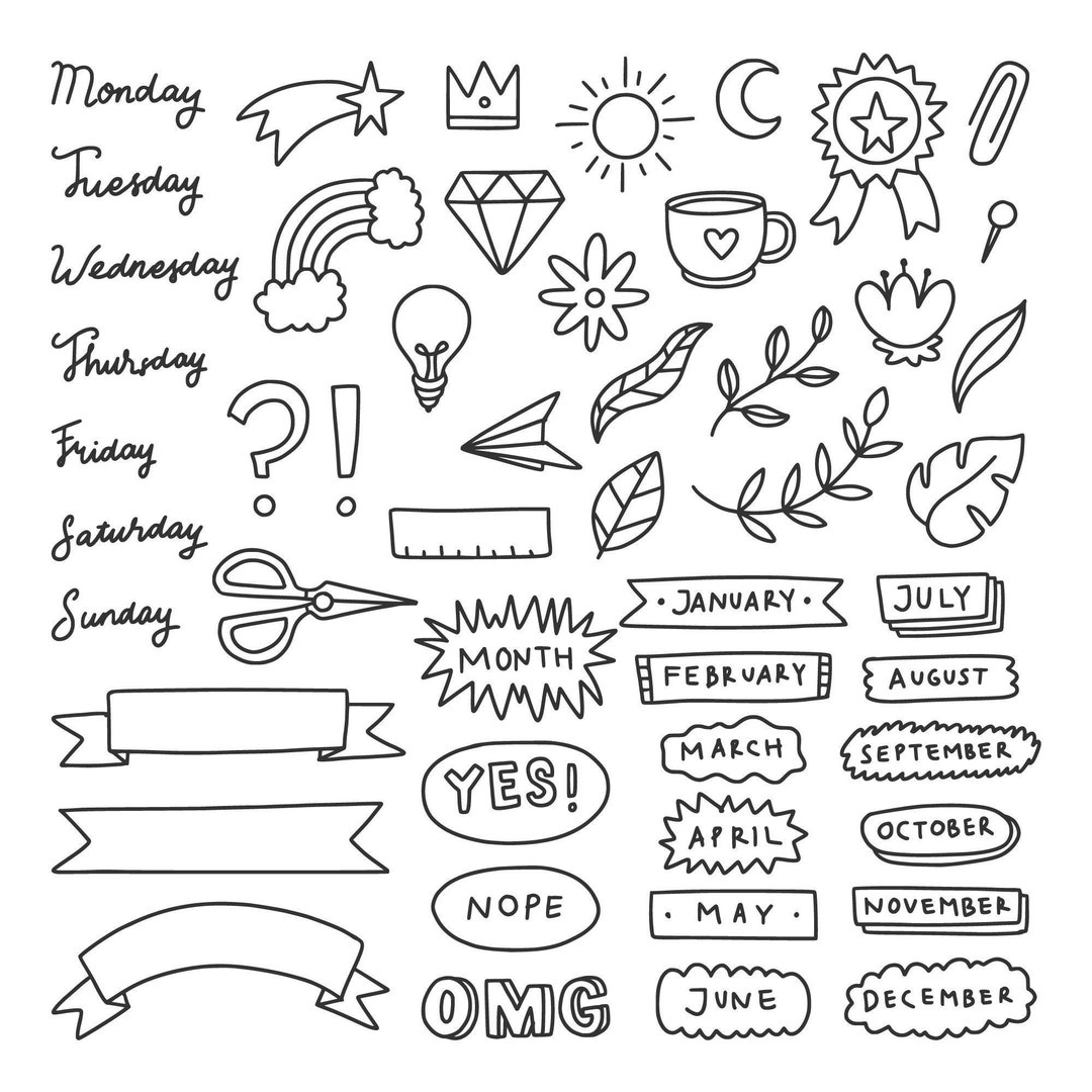 Hand Drawn Journal Doodle Planner Collection, Commercial Use, Instant ...