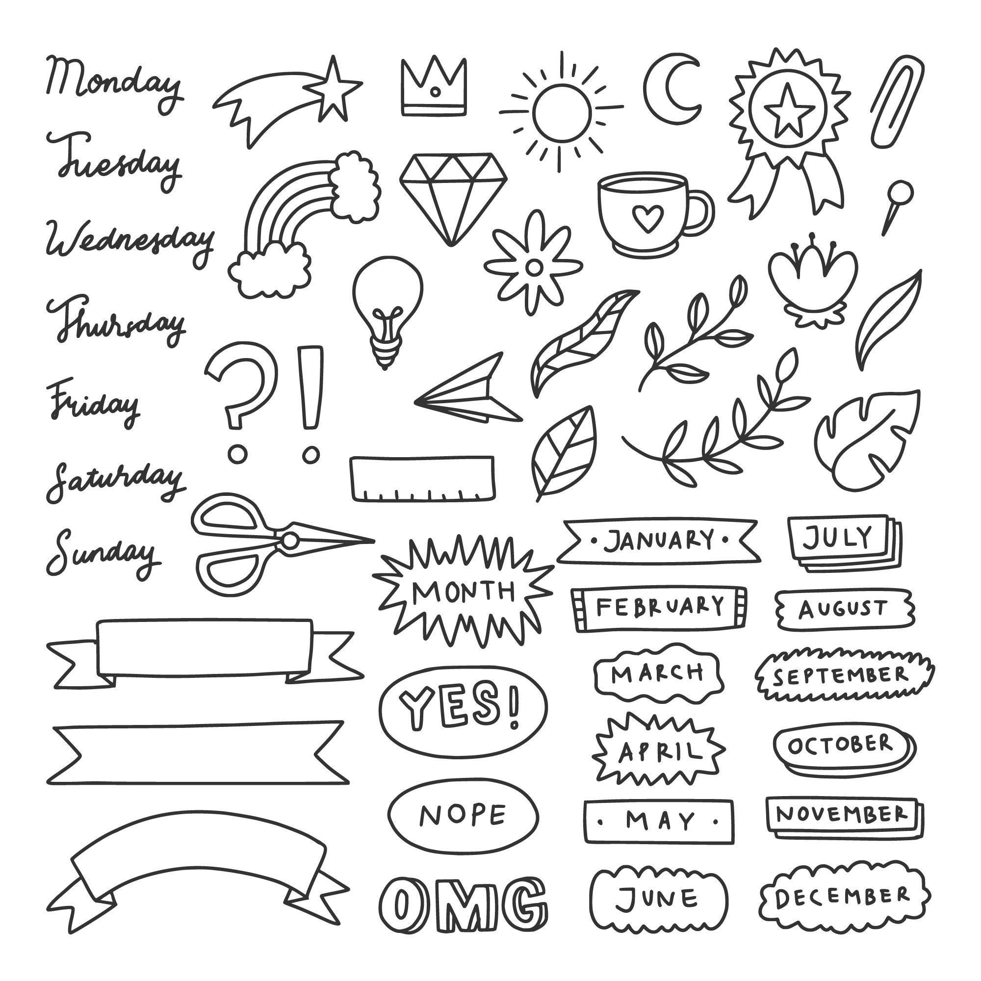 Hand Drawn Journal Doodle Planner Collection, Commercial Use, Instant ...