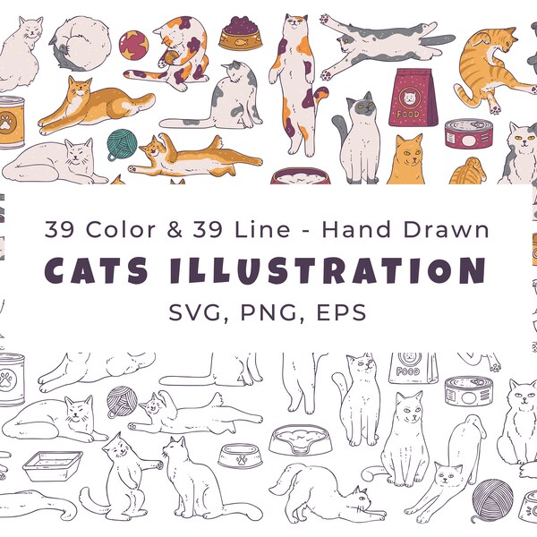 Cute Cats Hand Drawn Illustration Collection Clip Art SVG EPS PNG ...