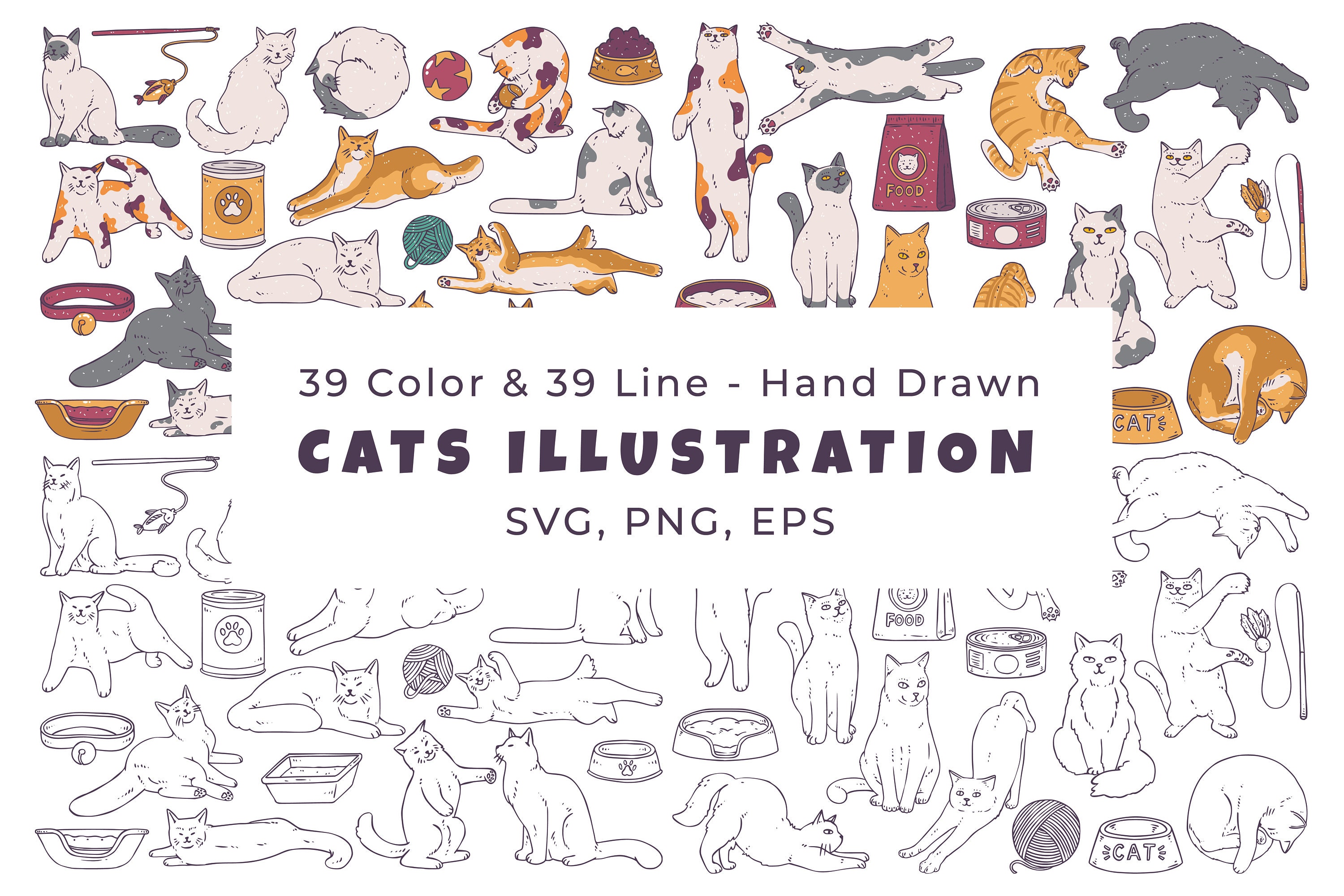 Cute Cats Hand Drawn Illustration Collection Clip Art SVG - Etsy