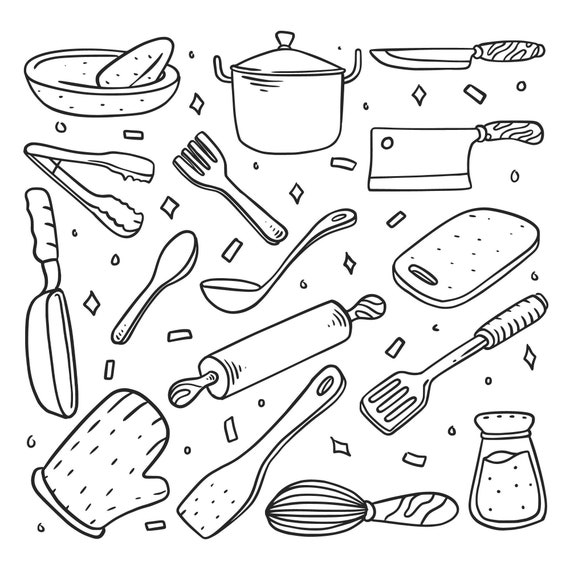 Hand Drawn Doodle Kitchen Tools Collection Commercial Use | Etsy