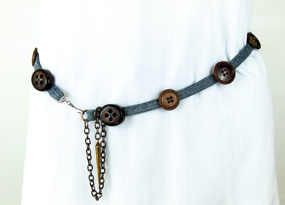 Hip Belt Upcycled Denim Brown Buttons Black Metal Chain Belt Artisan ...