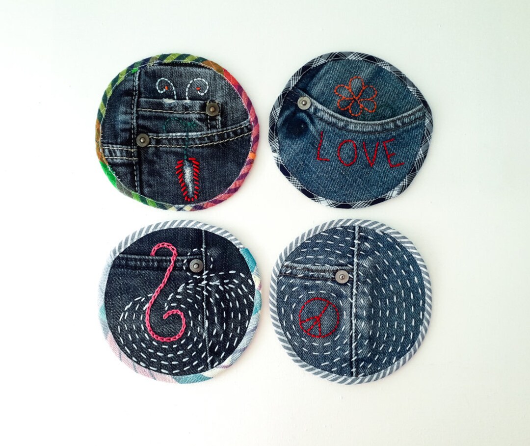 Round Patches Hand Embroidered Upcycled Denim Pockets Hippie Symbol ...