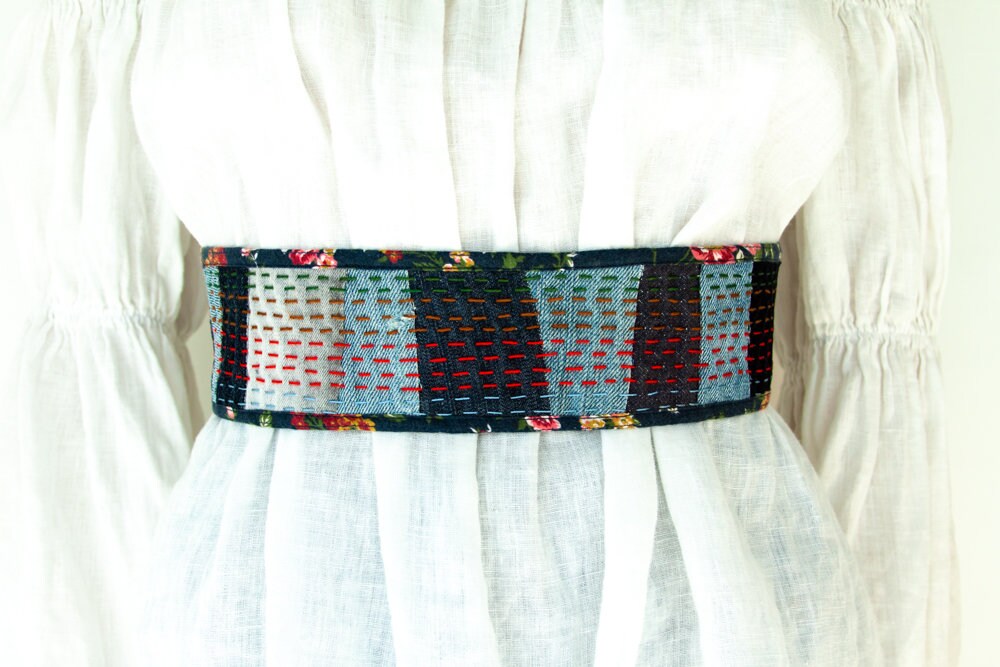 Wide Belt Boro Upcycled Denim Patchwork Hand Embroidery Artisan Boho ...