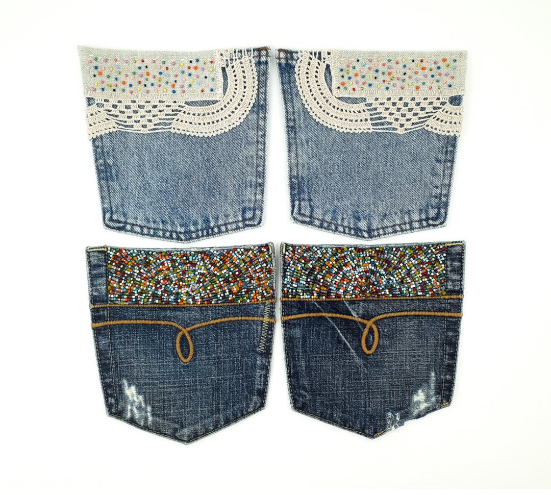 Patches Upcycled Denim Pockets Beadwork Lace Hand Embroidered Boho ...