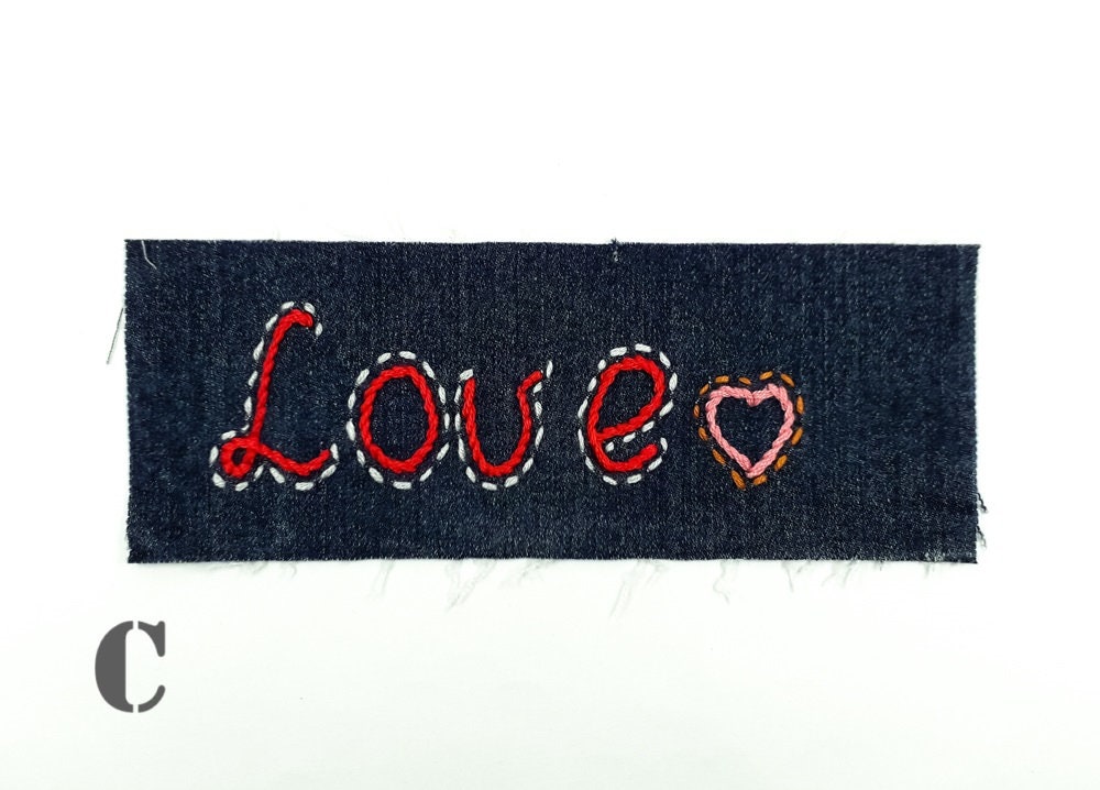 Patches Hand Embroidered Love Heart Upcycled Denim Sew on Patch Visible ...
