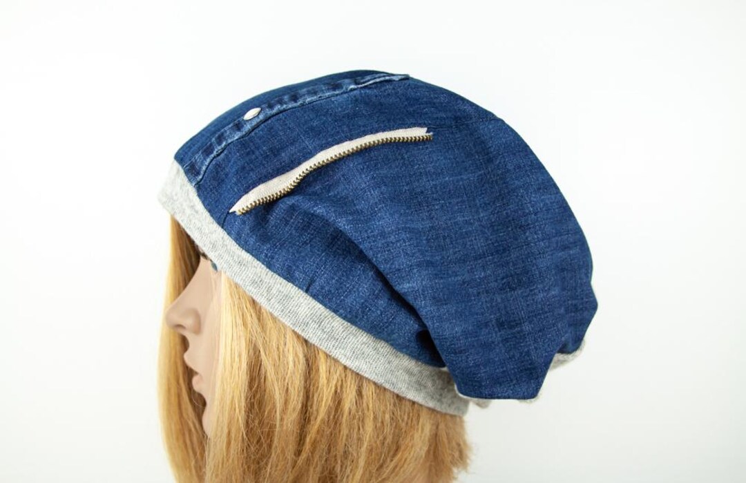 Beanie Upcycled Soft Denim Unisex Long Oversize Slouchy Hat Cap Boho ...