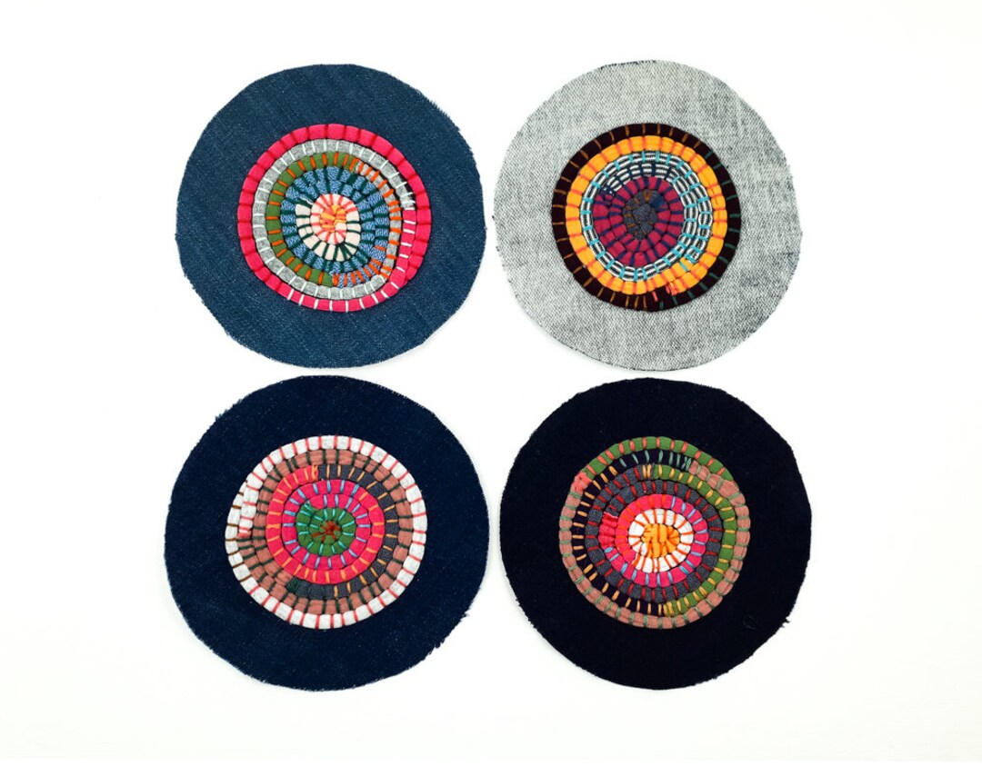 Round Patches Upcycled Denim Applique Circle Hand Embroidered Hand Sewn ...