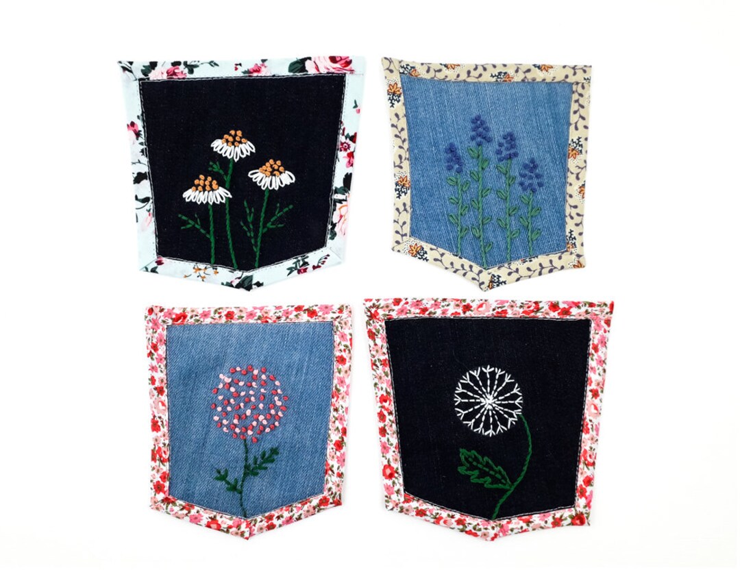 Patches Upcycled Denim Pockets Hand Embroidered Flowers Slow Stiching ...